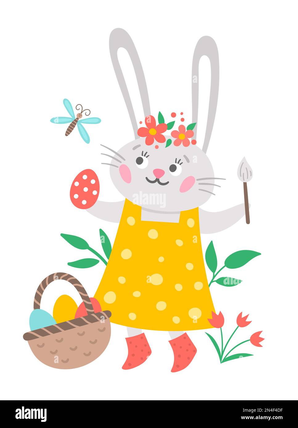 Vector Easter bunny icon. Rabbit girl in dress with brush, colored egg ...