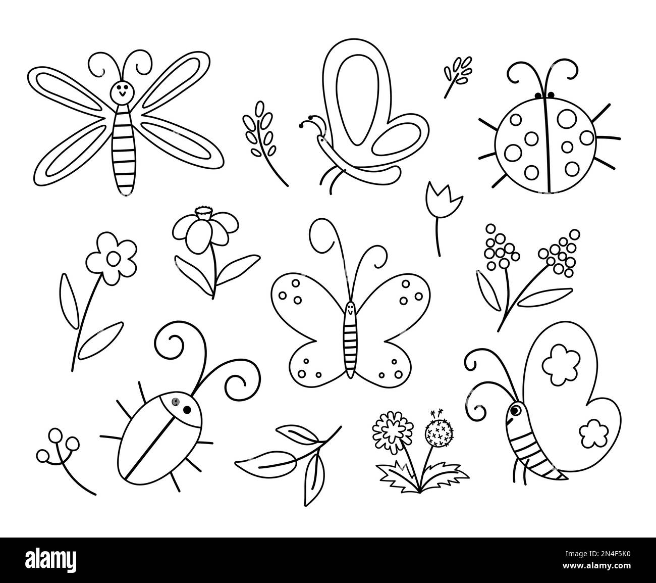 Vector black and white insect and first flower icons pack. Funny spring ...