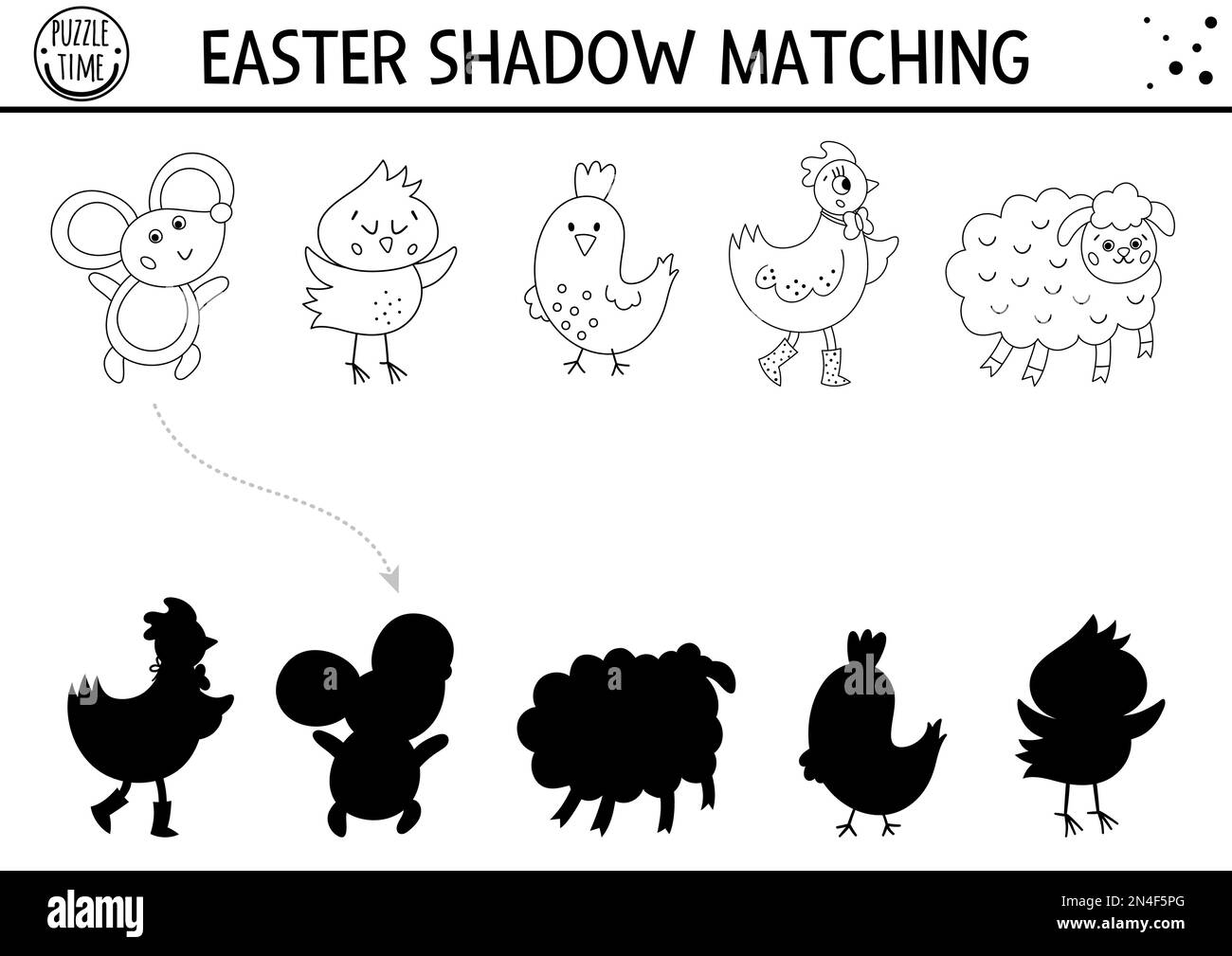 Easter black and white shadow matching activity for children. Outline ...