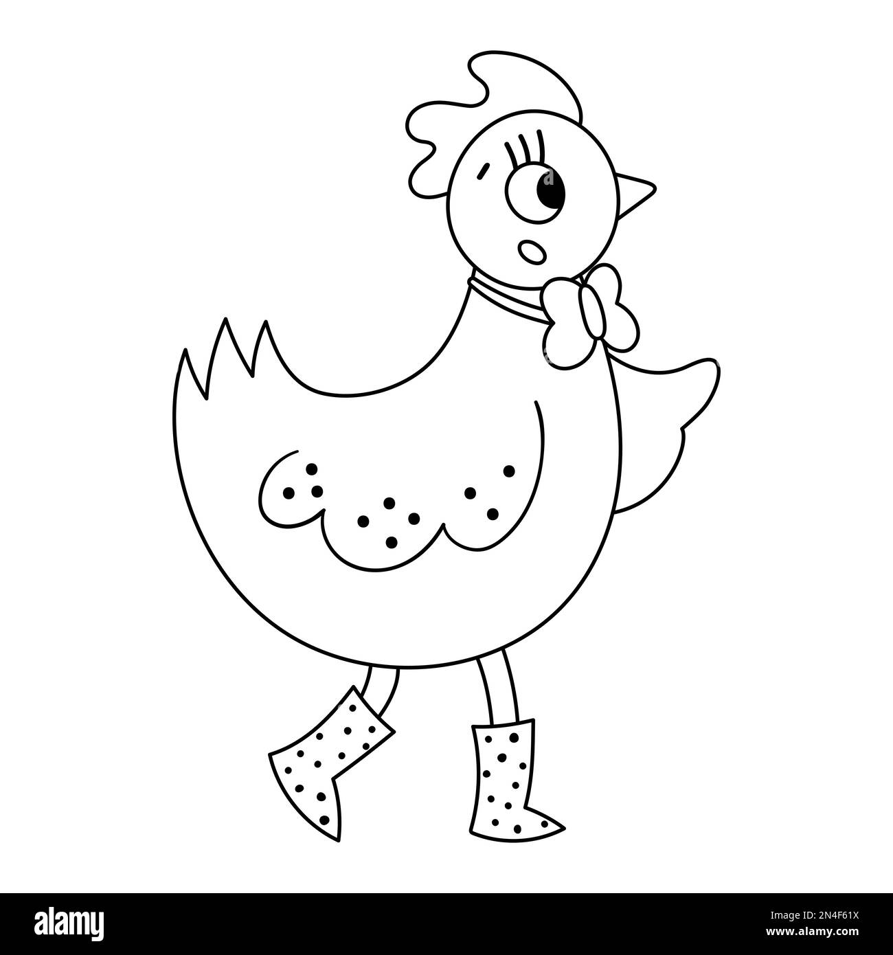 Vector black and white funny hen icon. Outline farm bird in boots with ...