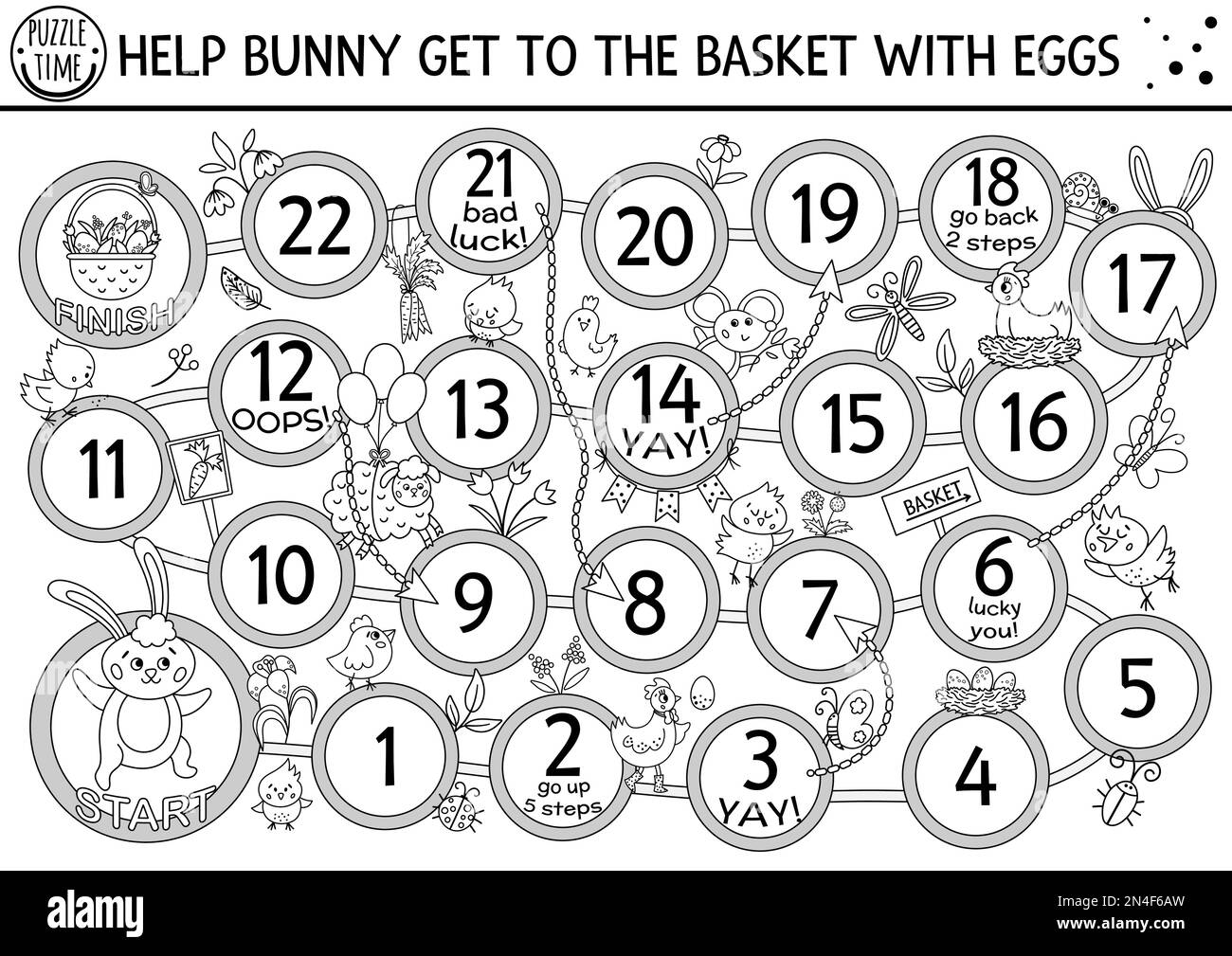 Easter black and white dice board game for children with cute bunny and ...