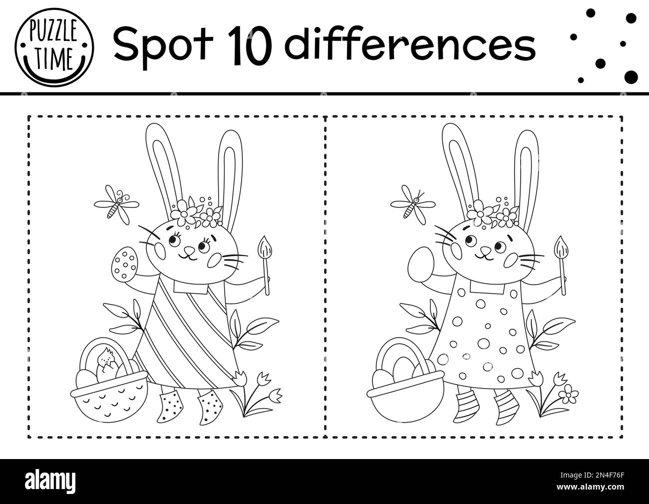 Easter find differences game for children. Holiday black and white educational activity and ...