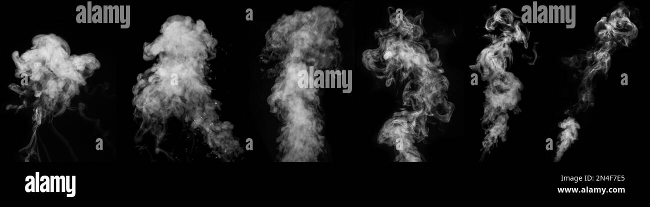 A set 5 of different steam, smoke, gas isolated on a black background ...