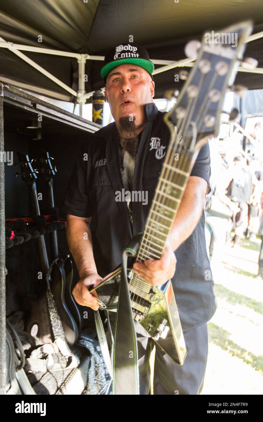 Guitarist Juan "Juan of the Dead" Garcia of Body Count backstage at the ...