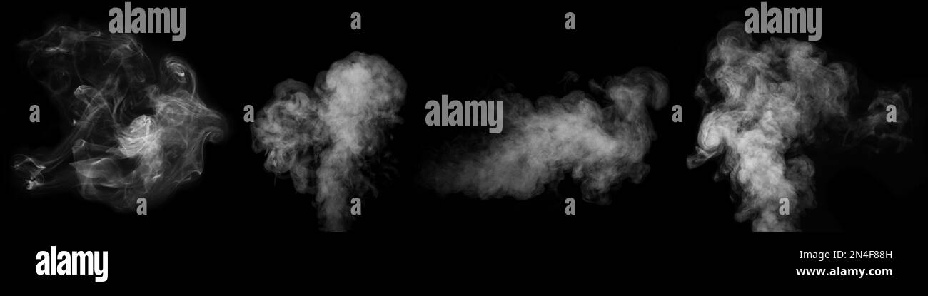 A set of different steam, smoke, gas isolated on a black background ...