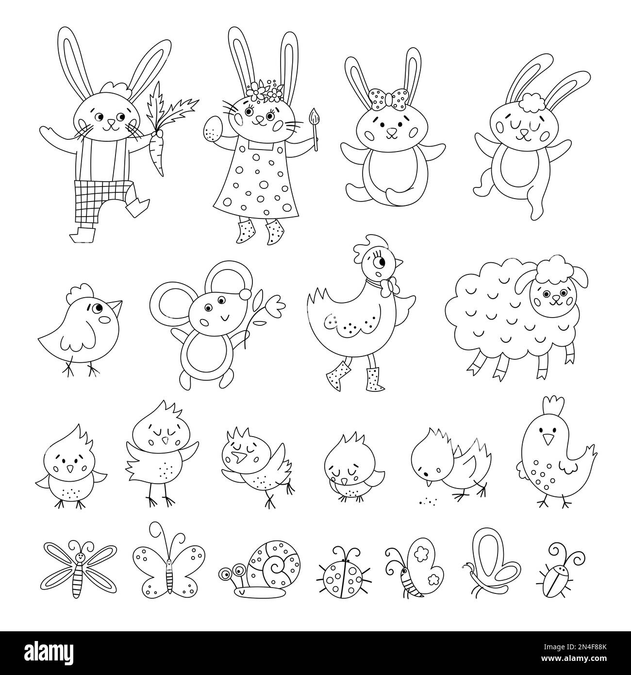 Vector black and white Easter characters set. Spring outline birds and ...