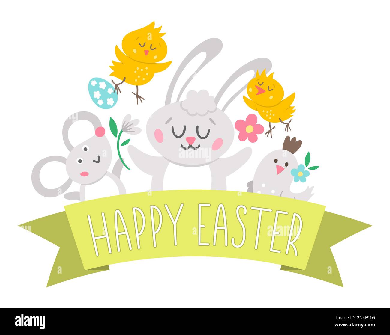 Vector Easter composition with text, eggs, Bunny, mouse, chicks, bird ...