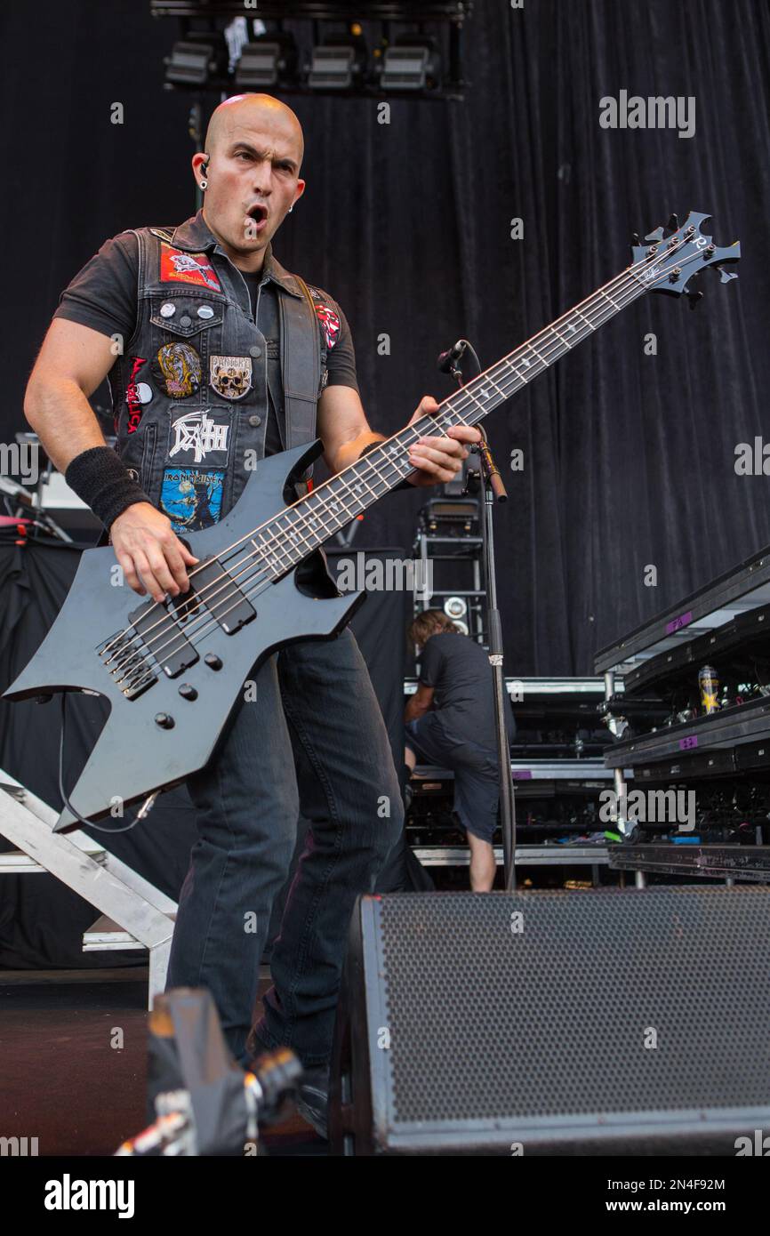 Bassist Paolo Gregoletto of Trivium performs at the Rockstar Energy ...