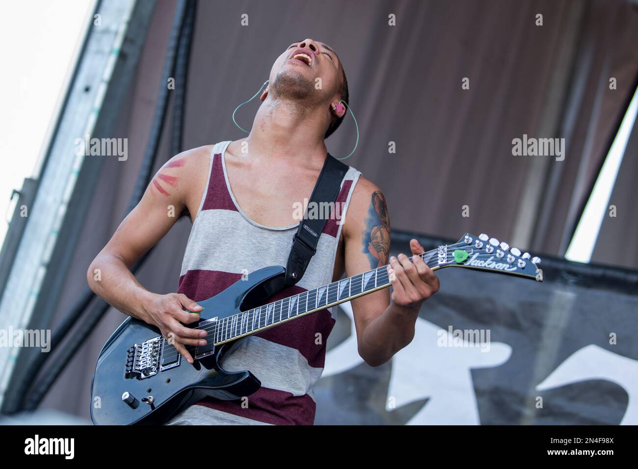 Guitarist Marc Okubo of Veil of Maya performs at the Rockstar Energy ...