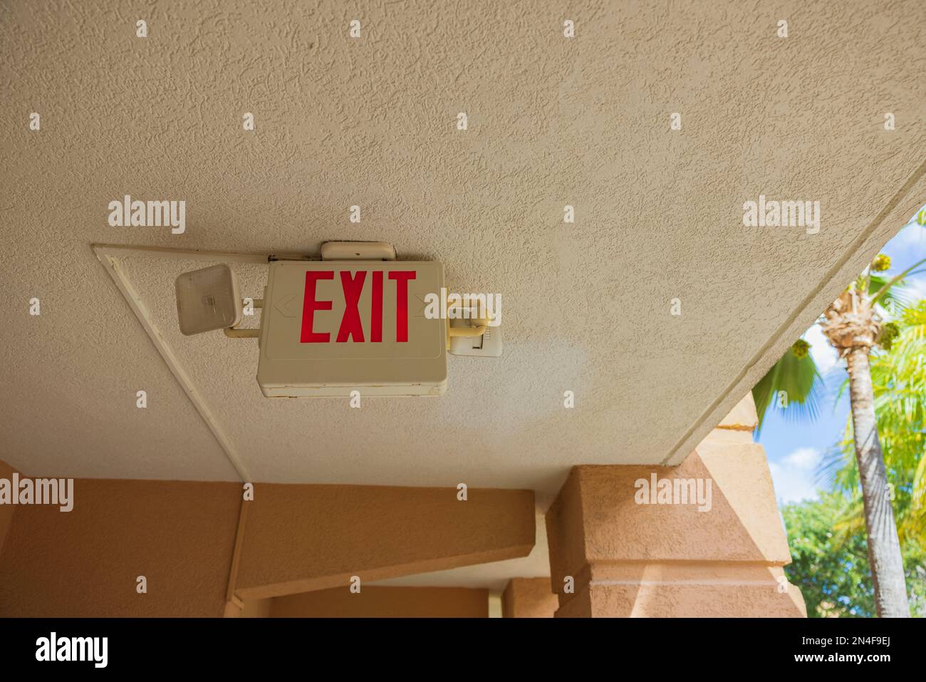 Close up view of EXIT sign for emergency situation under hotel's ...