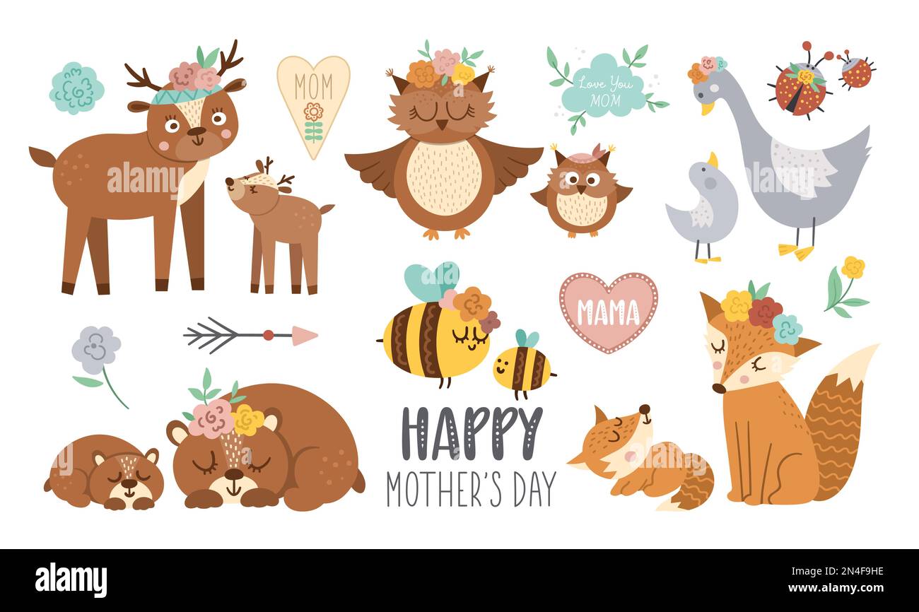 Vector boho baby animals with parents. Funny woodland animal scenes ...