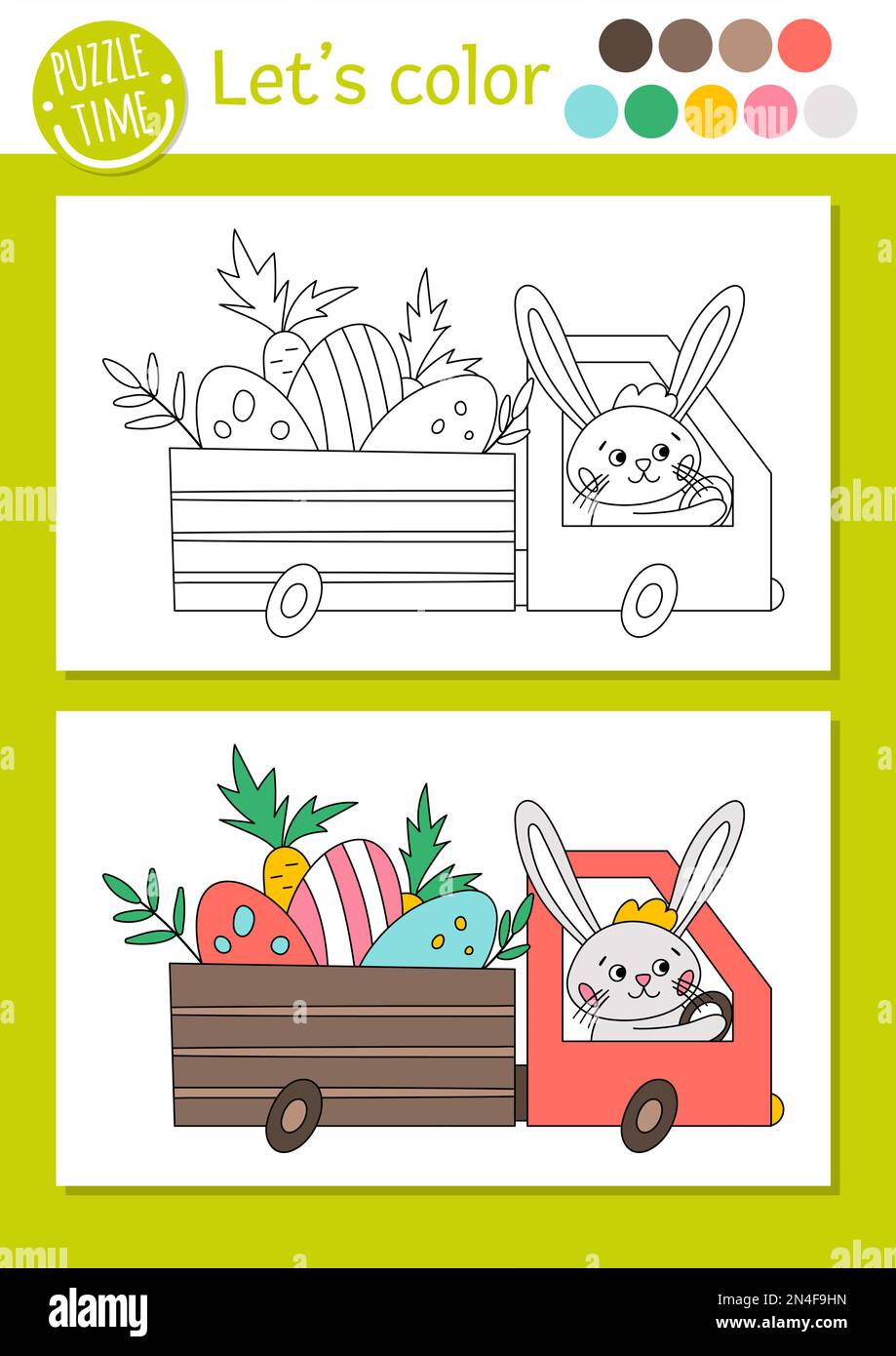 Easter coloring page for children. Funny bunny driving a car with eggs ...
