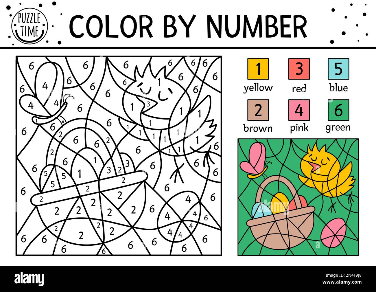 Vector Easter color by number activity with chick, basket, butterfly ...