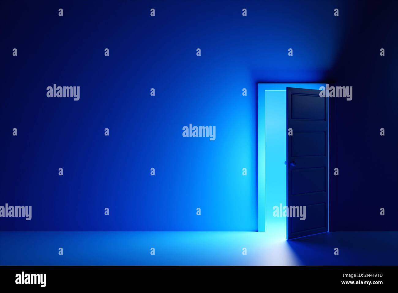 3d illustration of open door from which blue light shines in a dark ...
