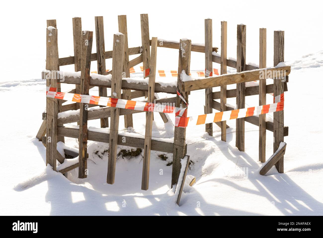 Protecting the territory from danger with tape in winter. Injury ...