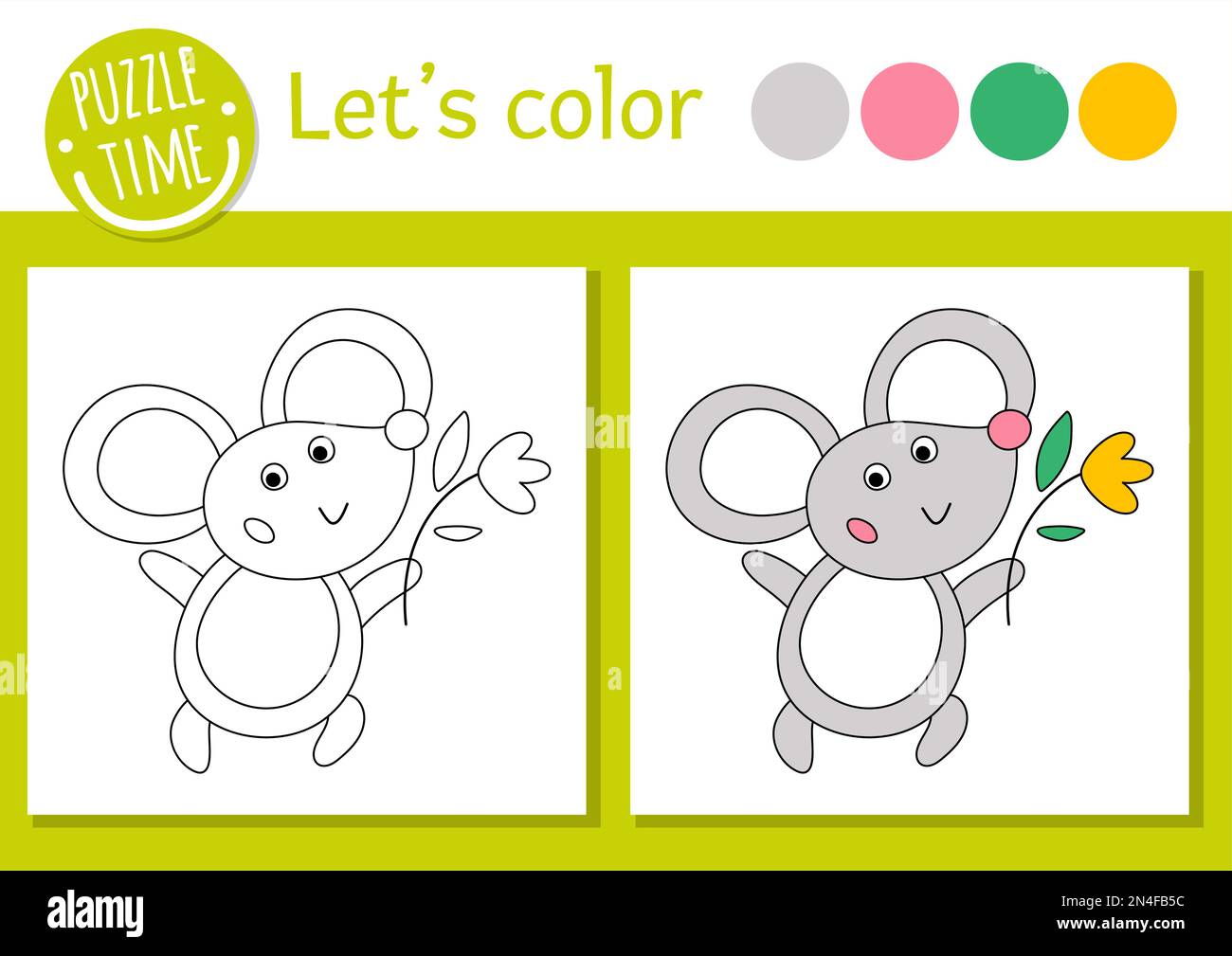 Easter coloring page for children. Funny mouse with flower. Vector ...