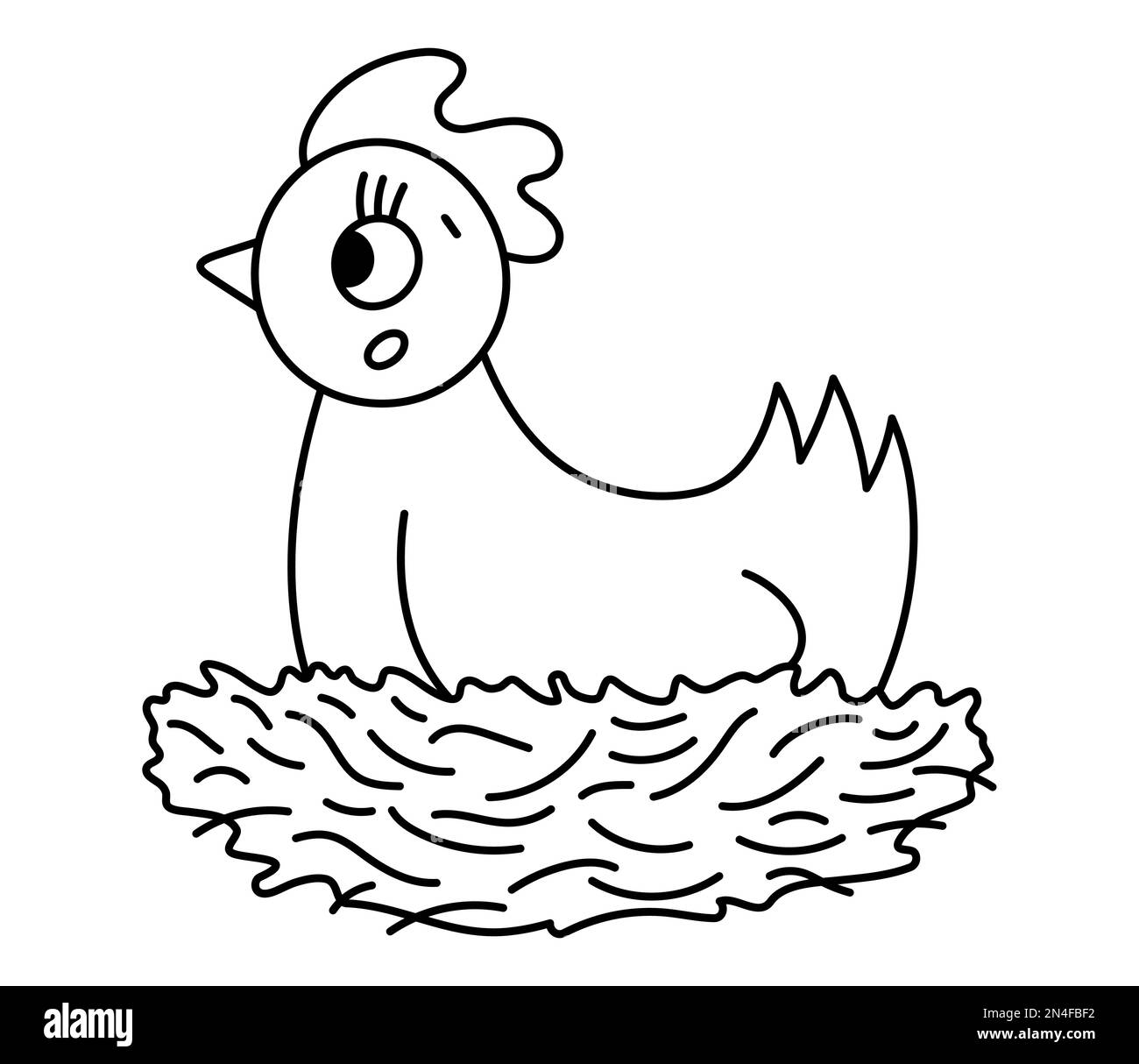 Vector black and white funny hen in nest icon isolated on white ...