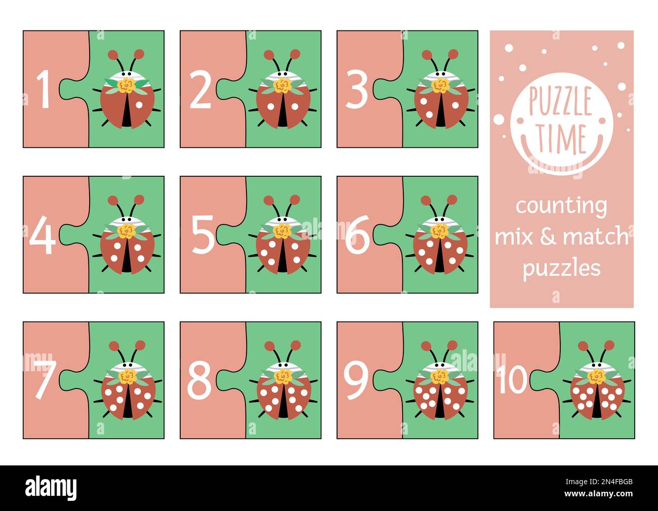 Vector spring mix and match puzzle with ladybug. Matching math ladybird ...