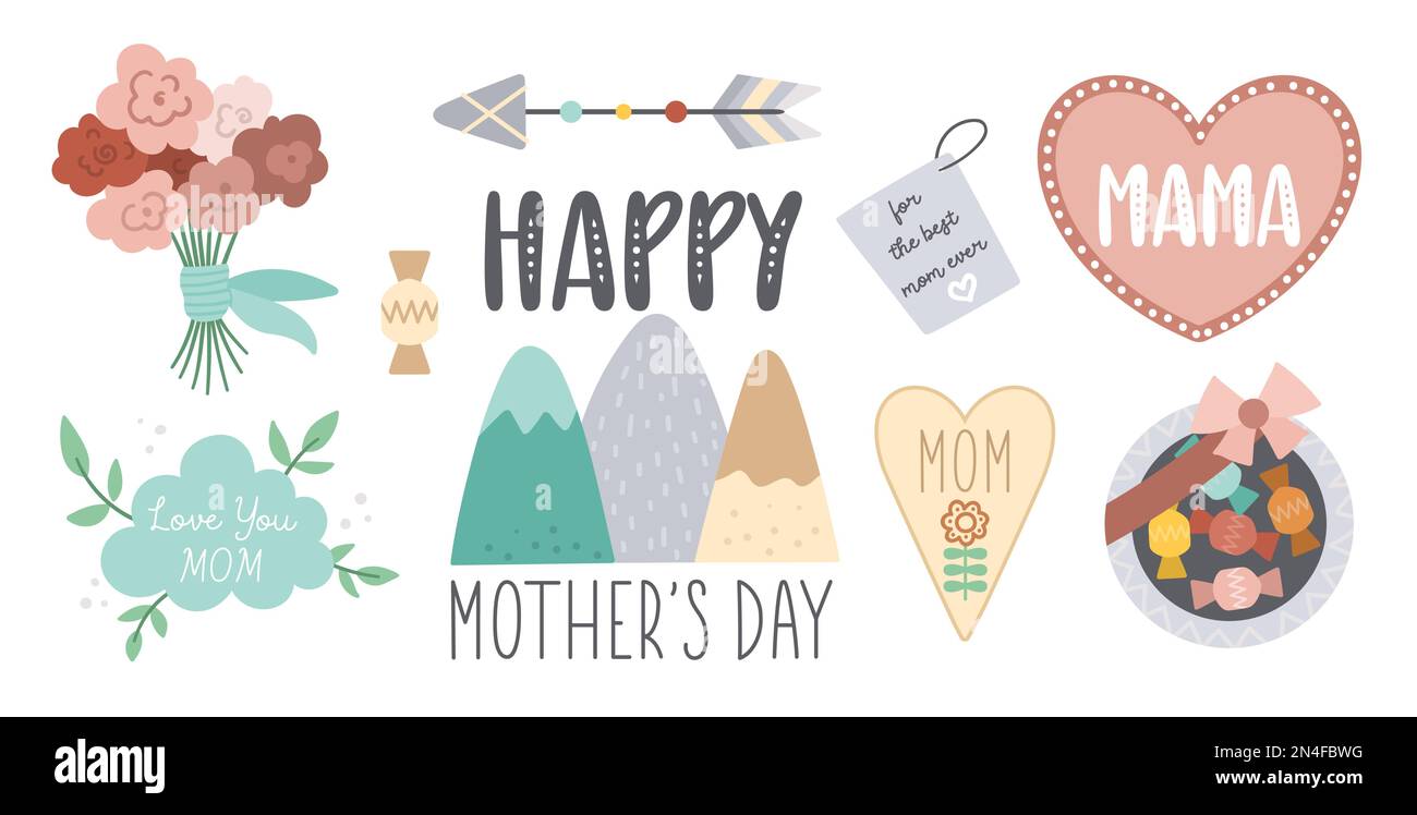 Vector boho Mothers day design elements collection. Cute holiday ...