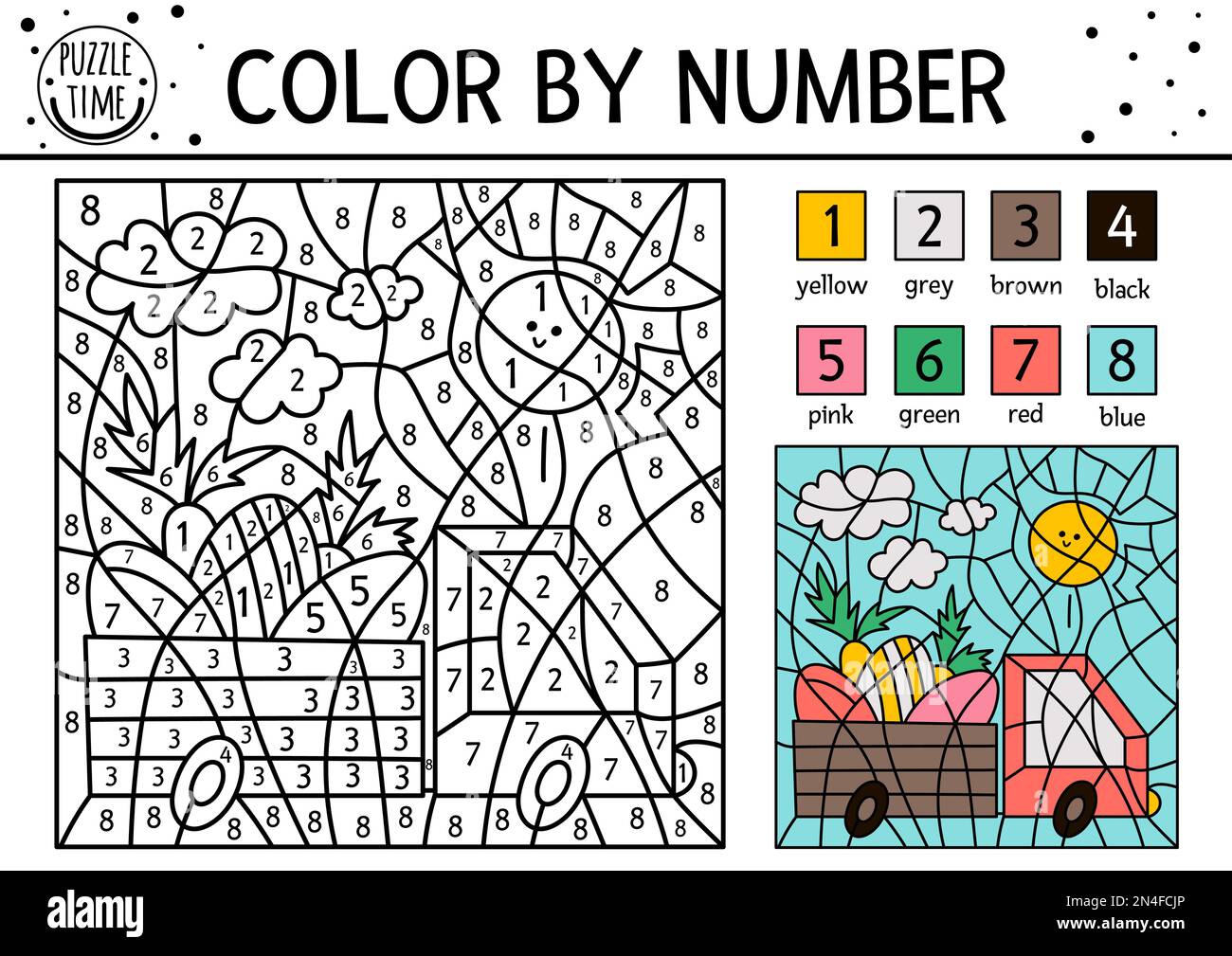 Vector Easter color by number activity with car driving eggs and ...