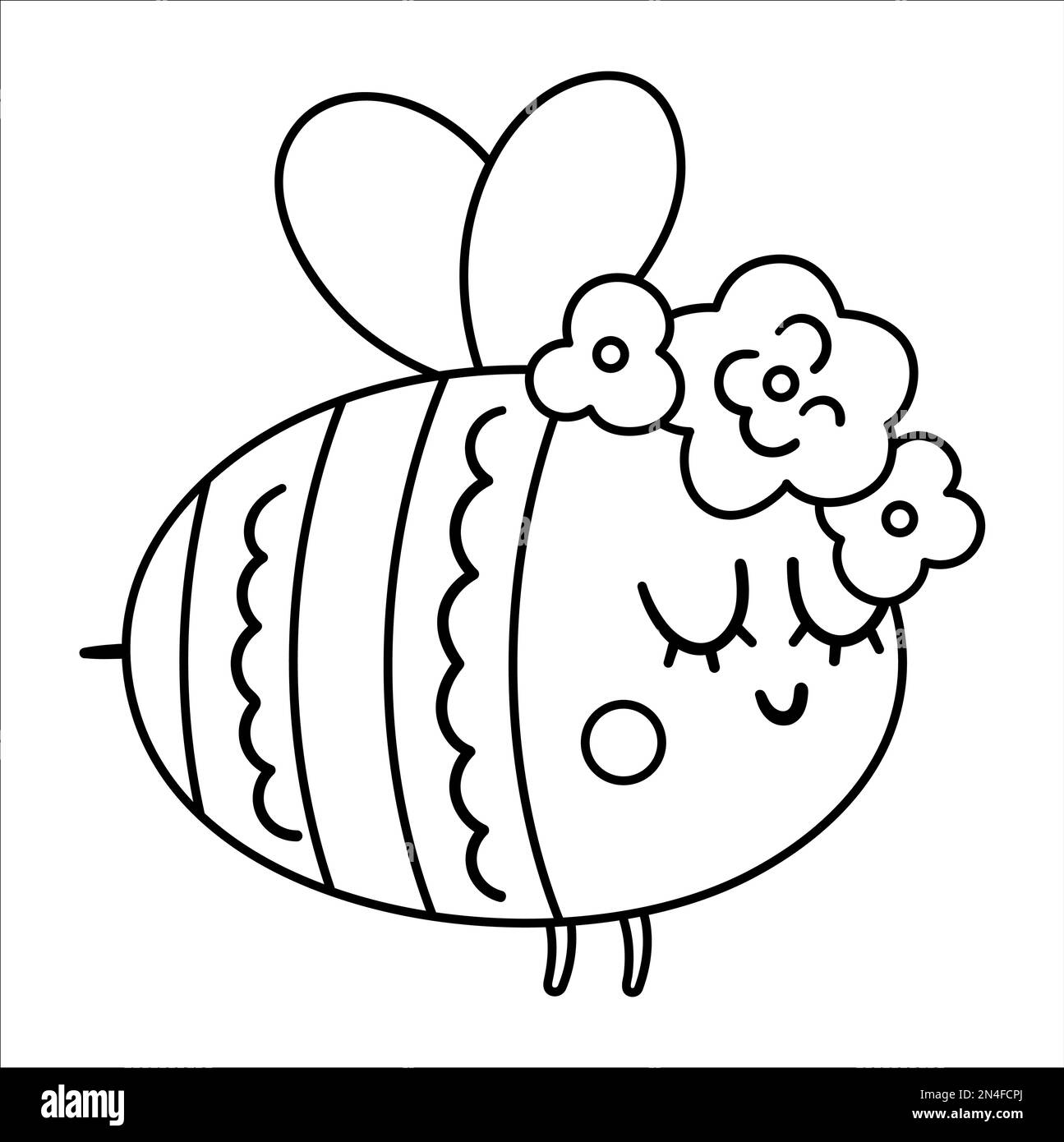 Vector black and white bumblebee with flowers on the head. Cute ...