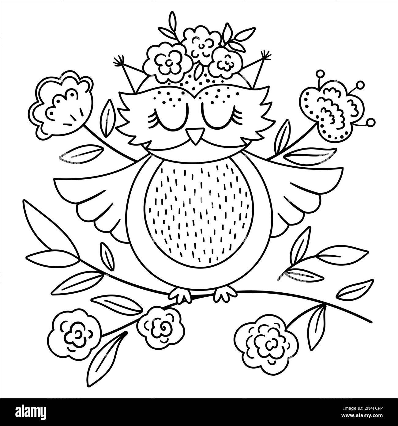 Vector bohemian owl with flowers on head. Woodland black and white bird ...