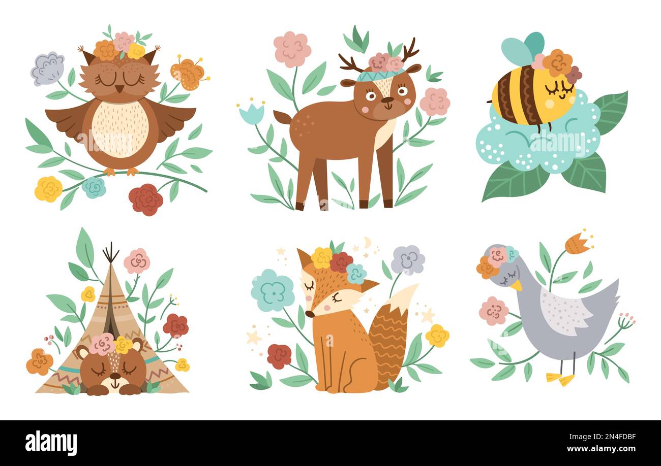 Vector woodland animals, insects and birds collection. Boho forest ...