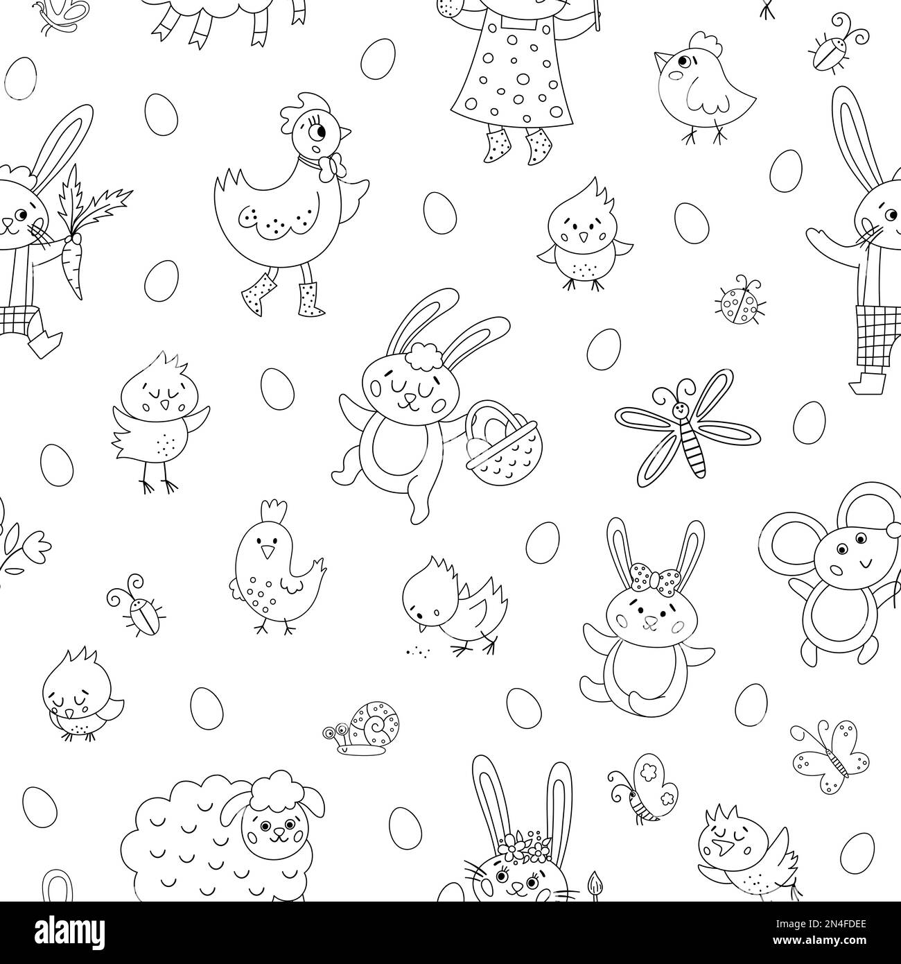 Vector black and white Easter characters seamless pattern. Spring birds ...