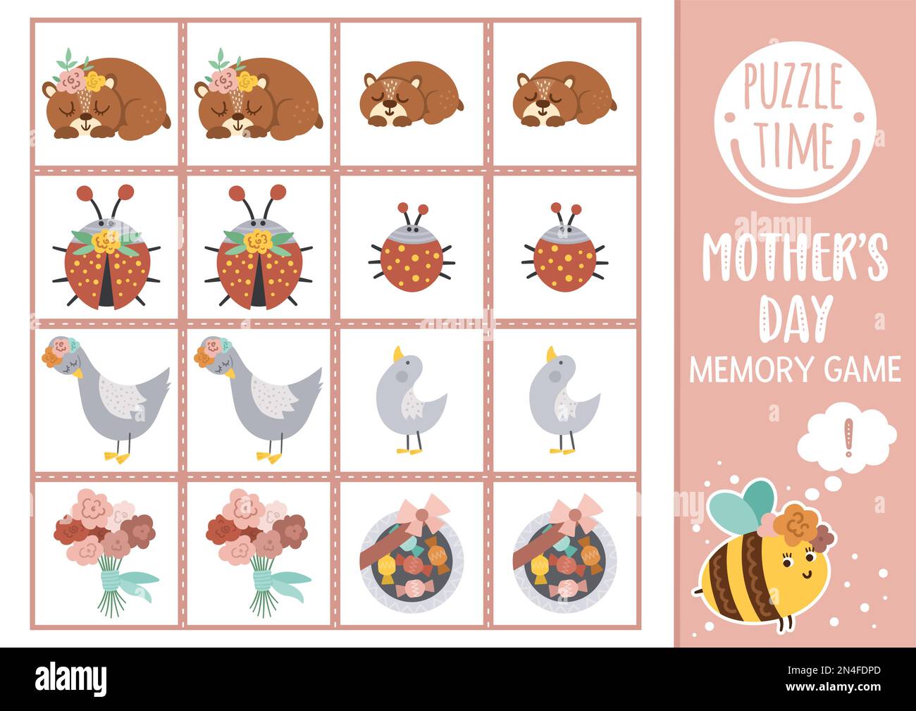 Vector Mothers day memory game cards with baby animals and their ...