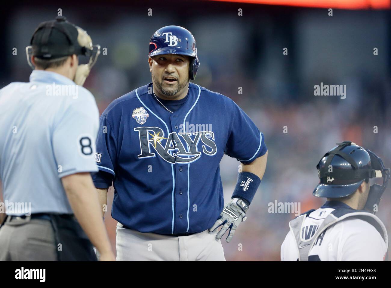 Tampa Bay Rays' Jose Molina argues a call strike three with home plate ...