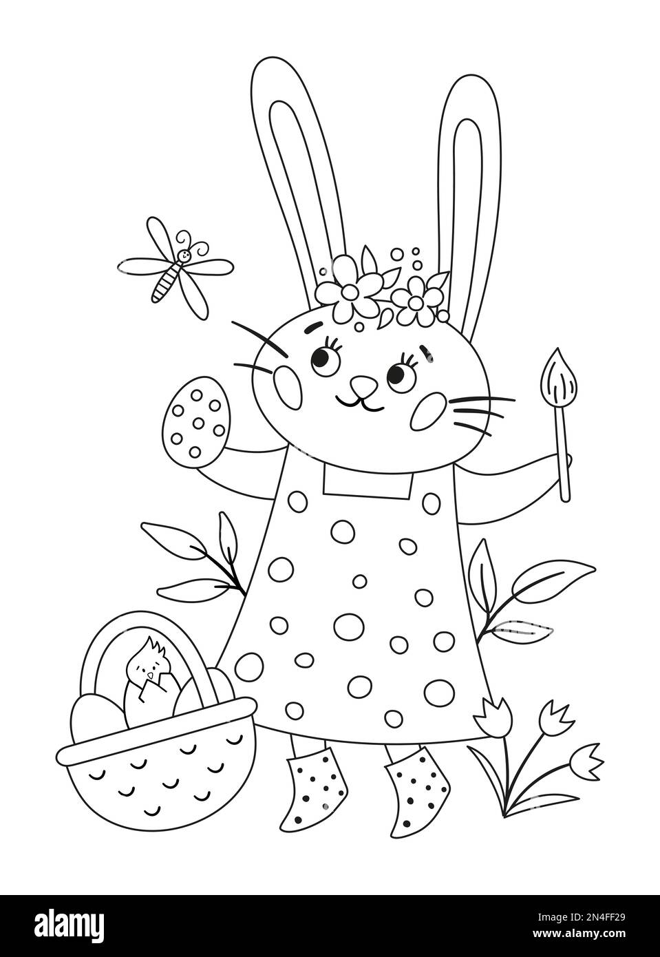 Vector Black And White Easter Bunny Icon Rabbit Girl In Dress With Brush Egg Basket