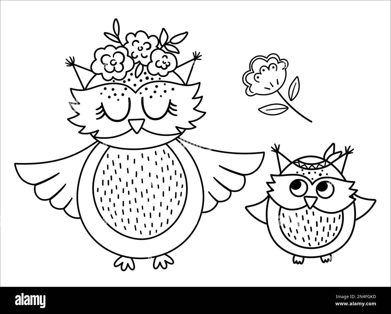 Vector black and white baby owl with parent. Funny bohemian style ...