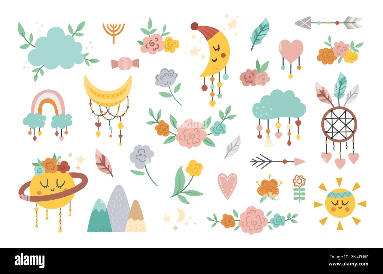 Vector boho elements collection. Bohemian half moon, planet, dream ...