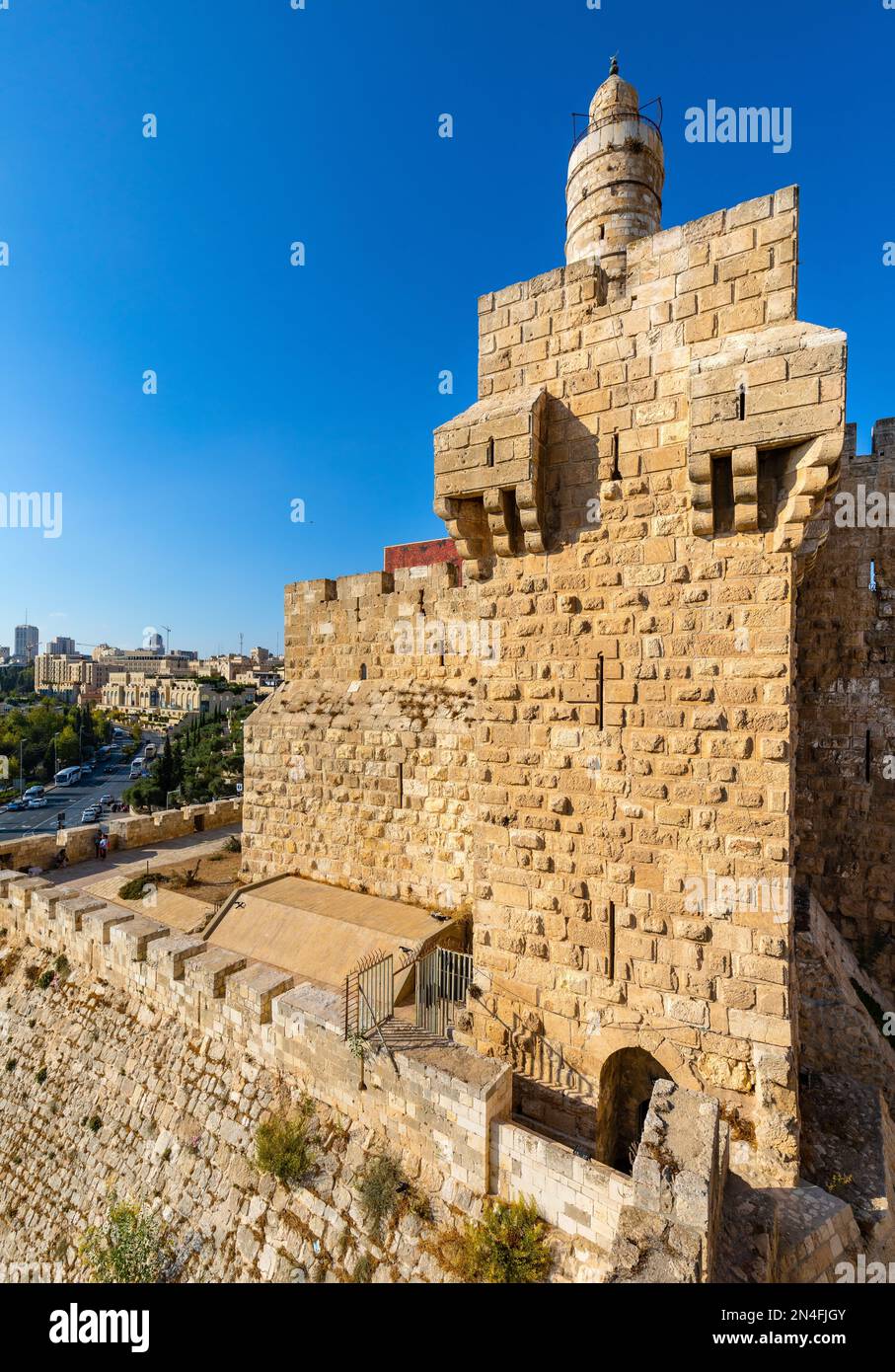 Jerusalem, Israel - October 12, 2017: Ottoman minaret above walls and ...