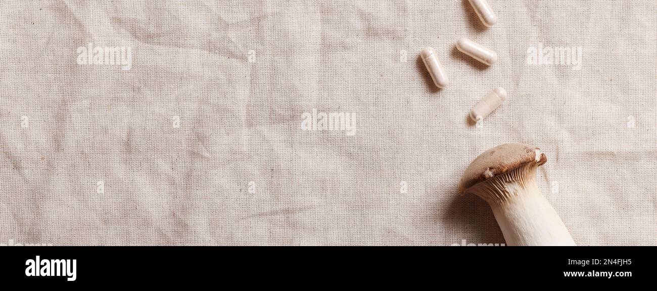 mushrooms and natural herbal pills on textile gray background ...