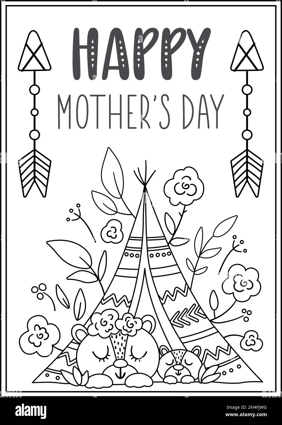Vector black and white Mothers Day card with cute boho animal. Pre-made ...