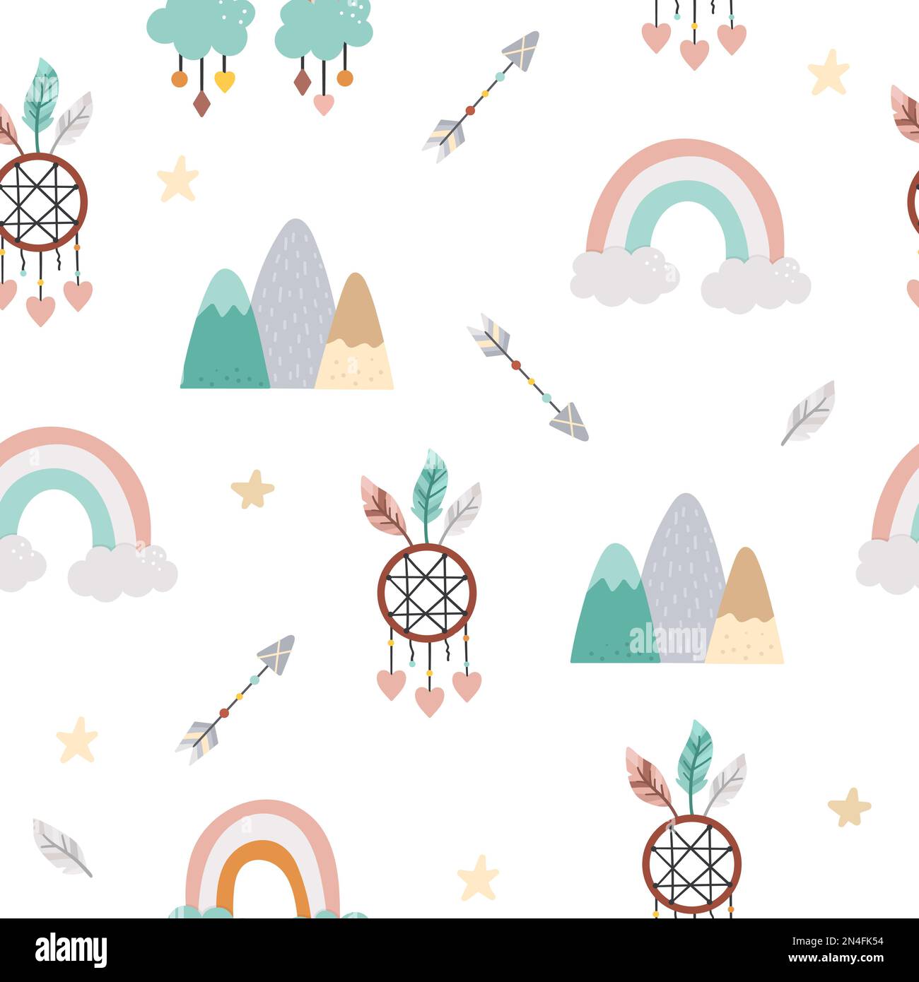 Vector boho ornament. Bohemian seamless pattern with stars, arrows, mountains, dreamcatcher and ...