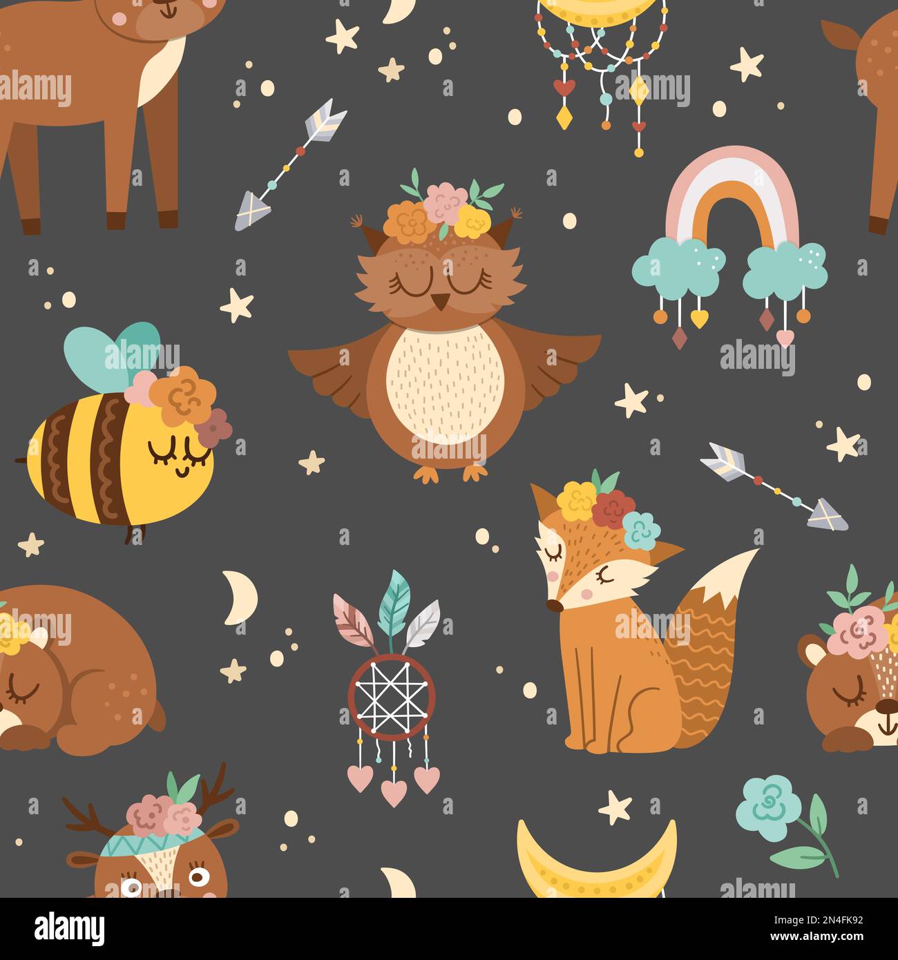 Vector seamless pattern with woodland animals, rainbow, dreamcatcher ...