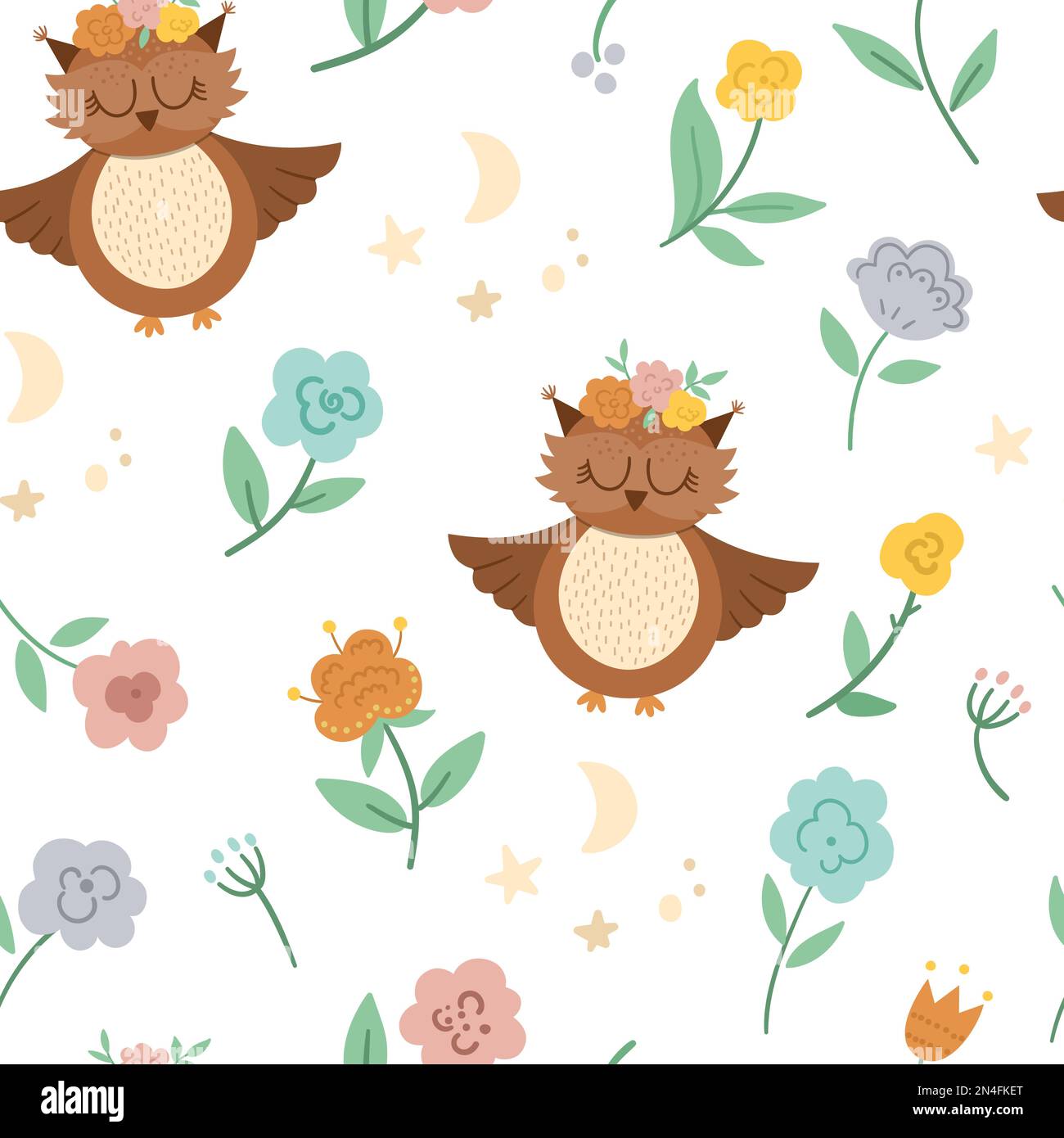 Vector seamless pattern with woodland bird and flowers. Boho forest ...