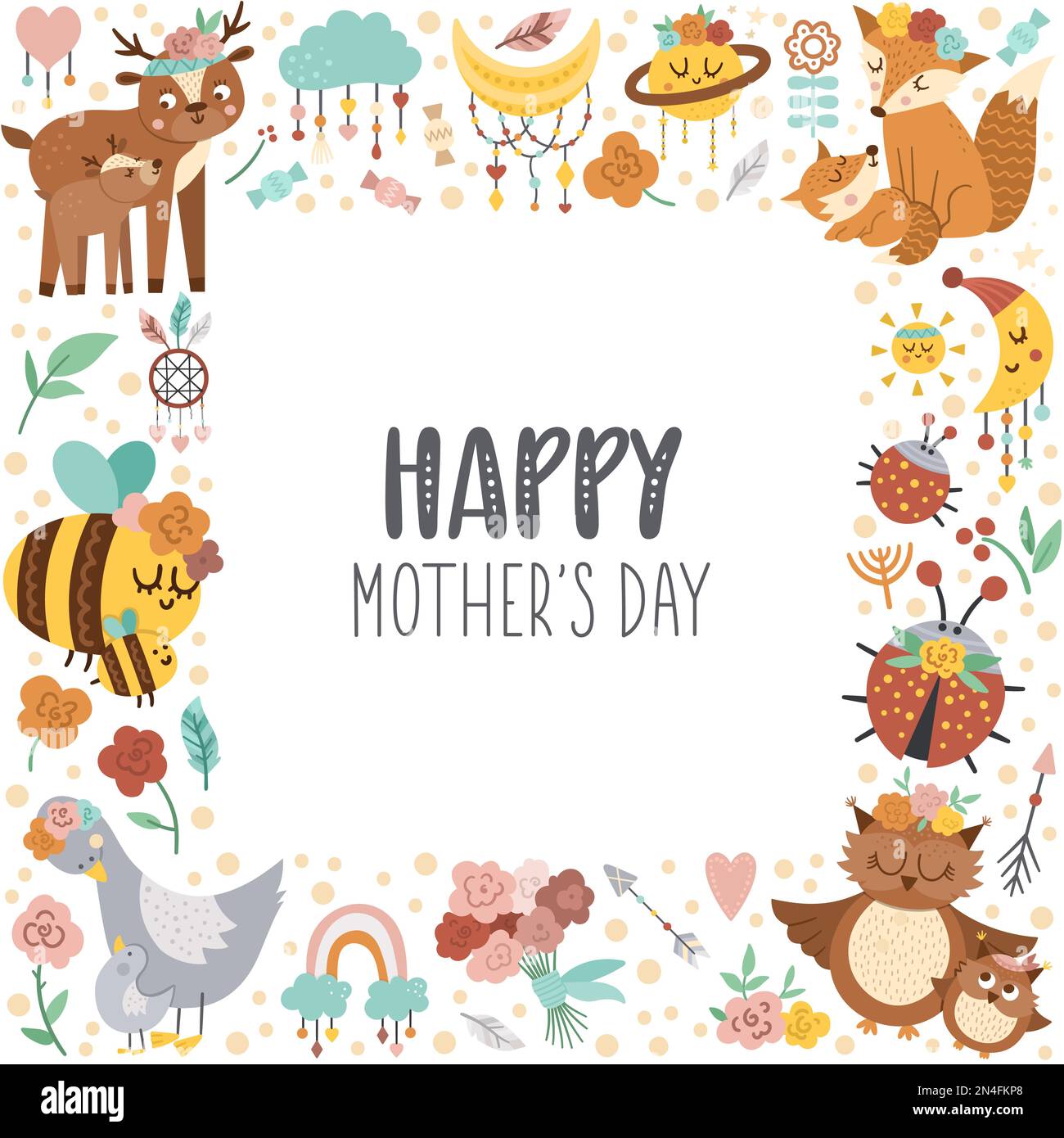 Vector square shaped frame with Mothers day elements. Family love ...