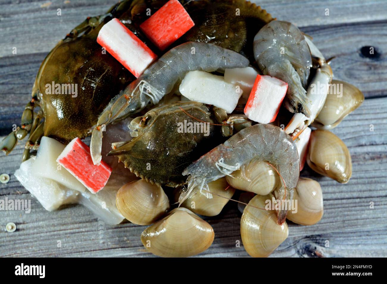 background of fresh seafood marine crabs, shrimps, clams, mussels ...