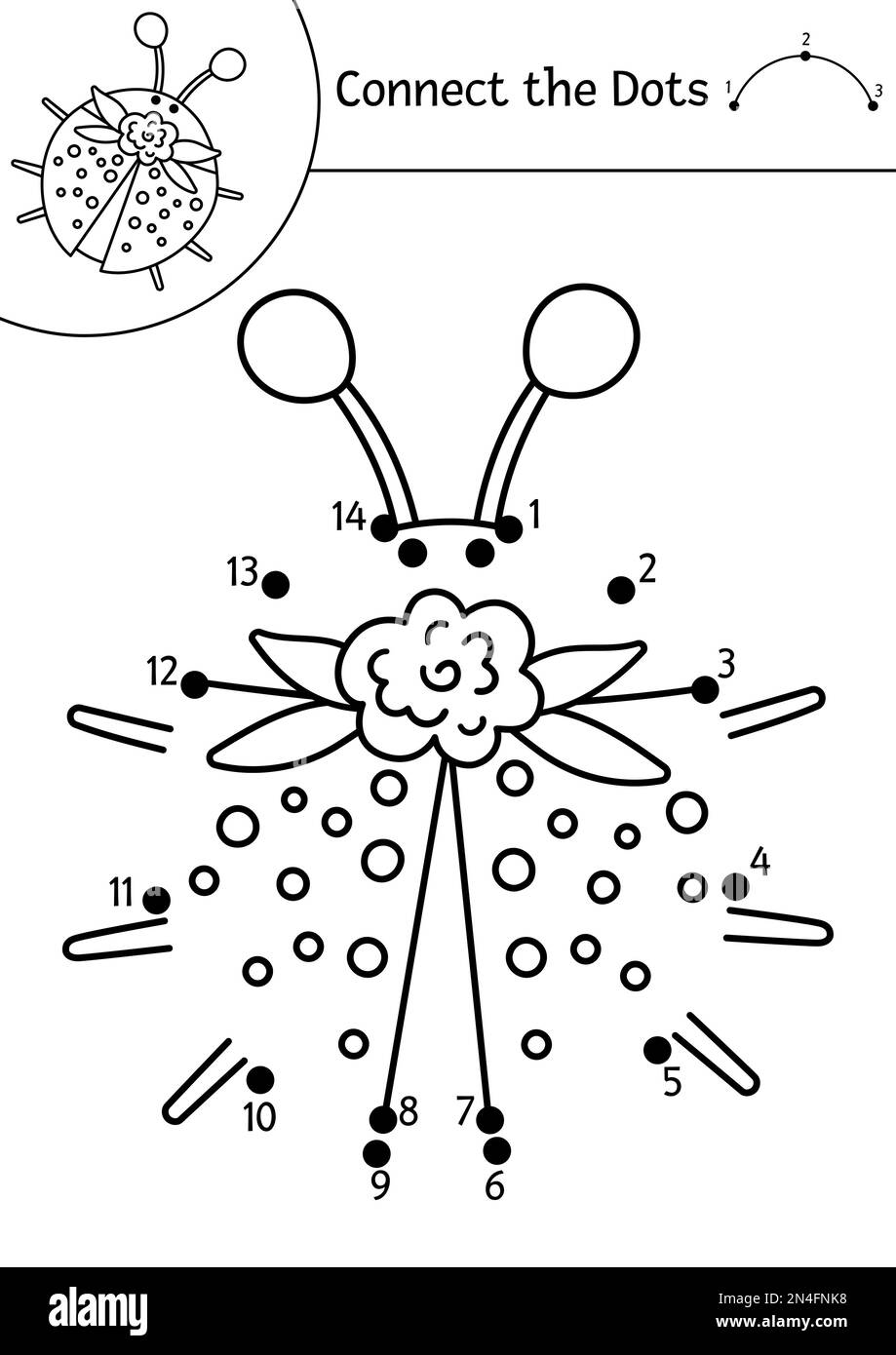 Vector dot-to-dot and color activity with cute ladybird. Spring holiday ...
