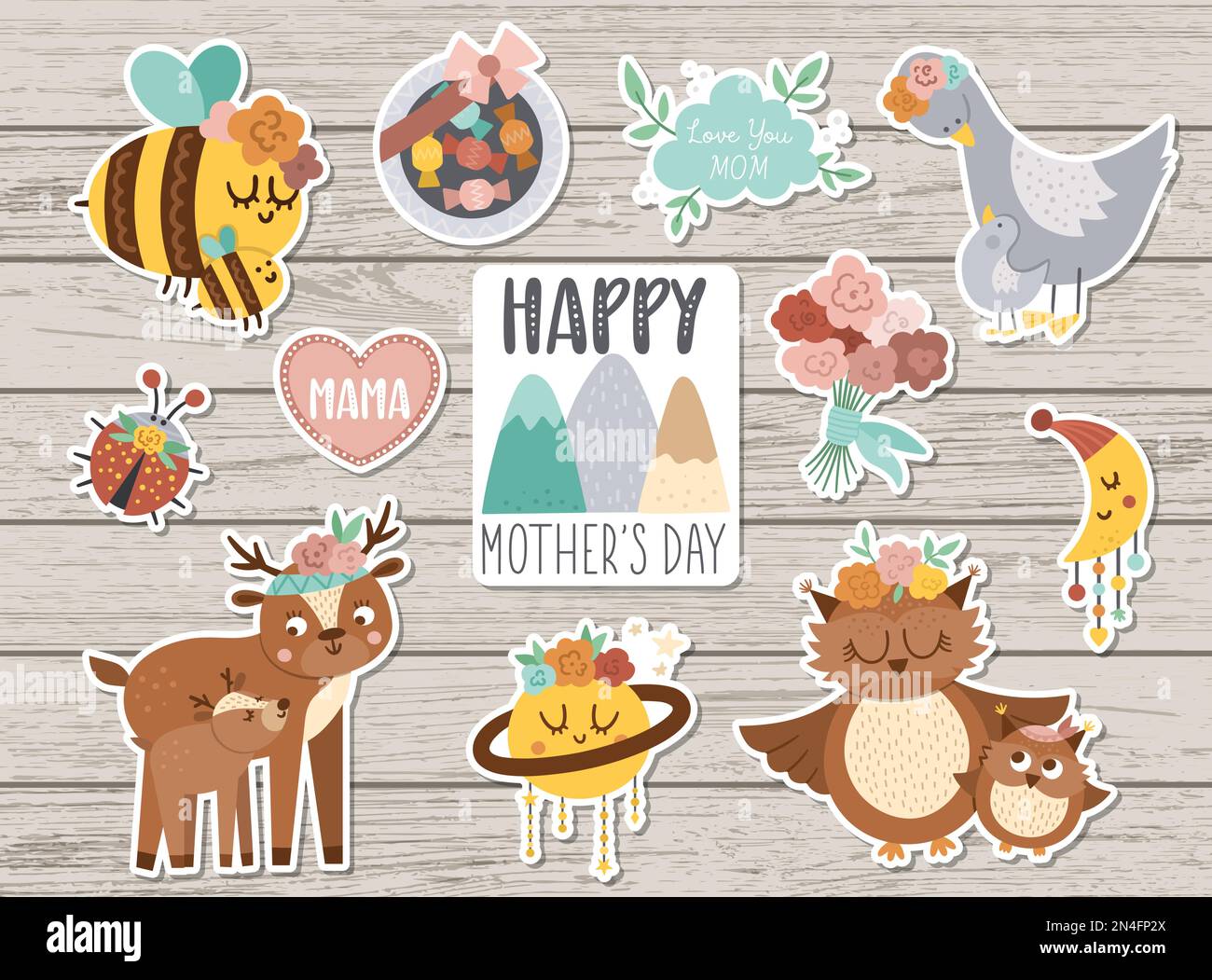 Vector set of Mothers day stickers. Collection of cute characters and ...