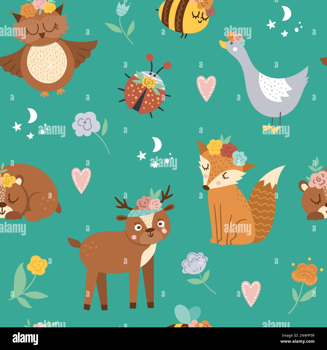 Vector seamless pattern with woodland animals, insects and birds. Boho ...
