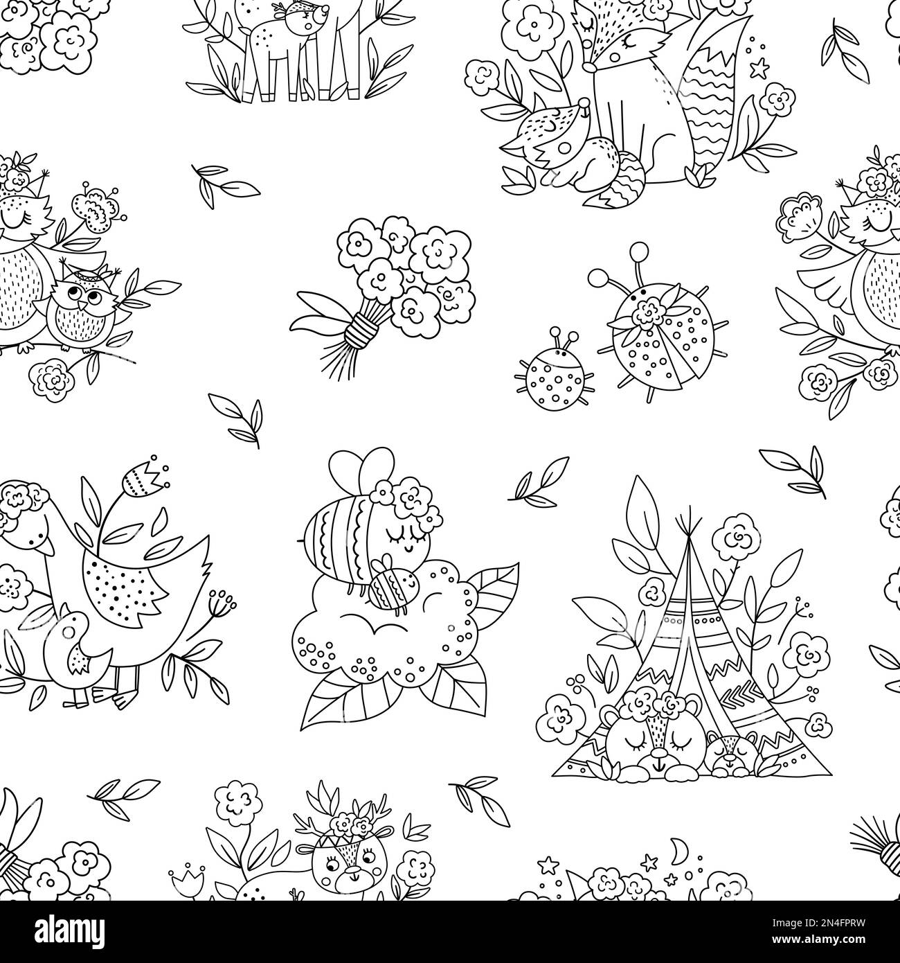 Vector black and white seamless pattern with flowers, cute boho baby ...