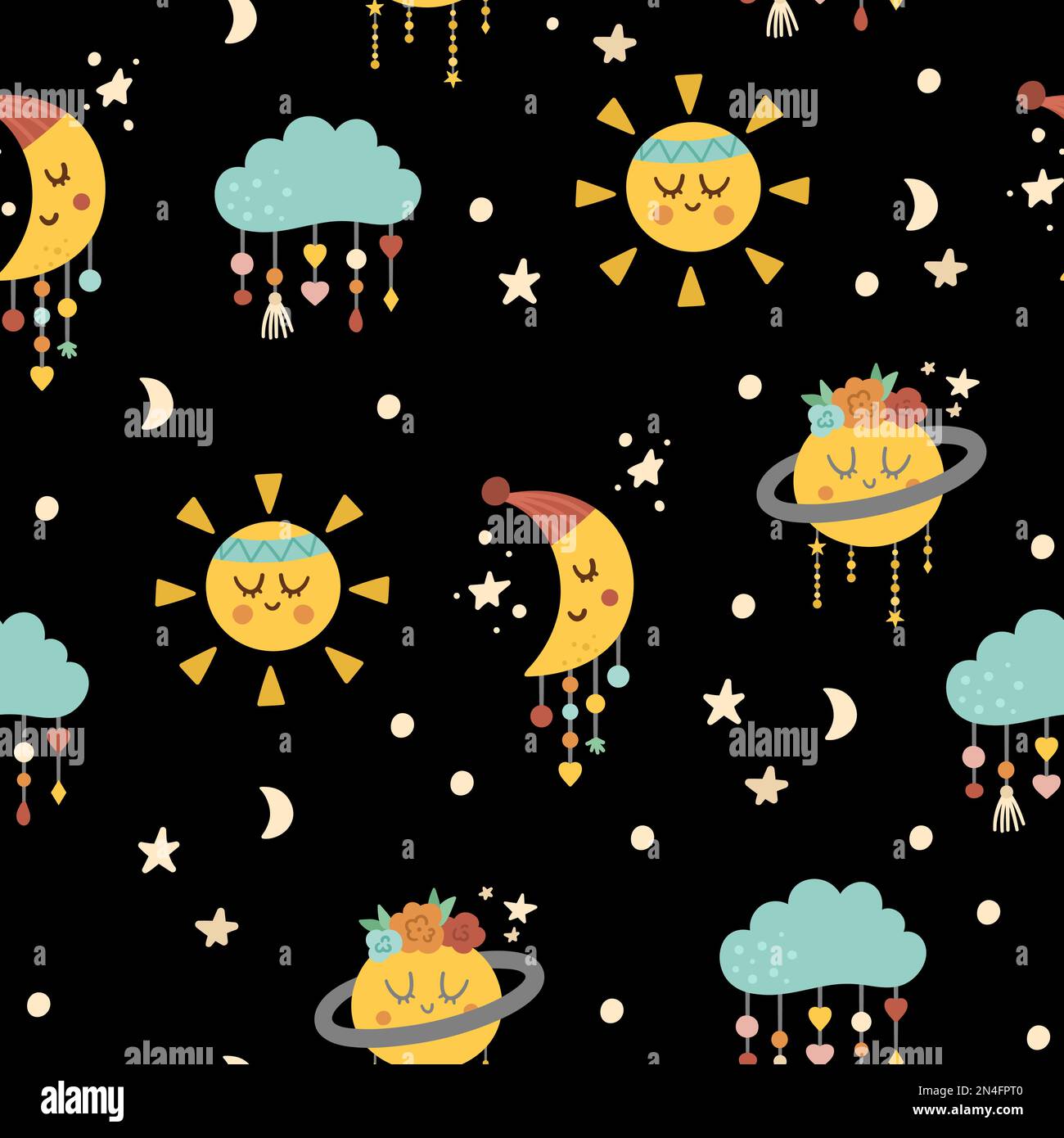 Vector boho ornament. Bohemian seamless pattern with stars, kawaii sun ...
