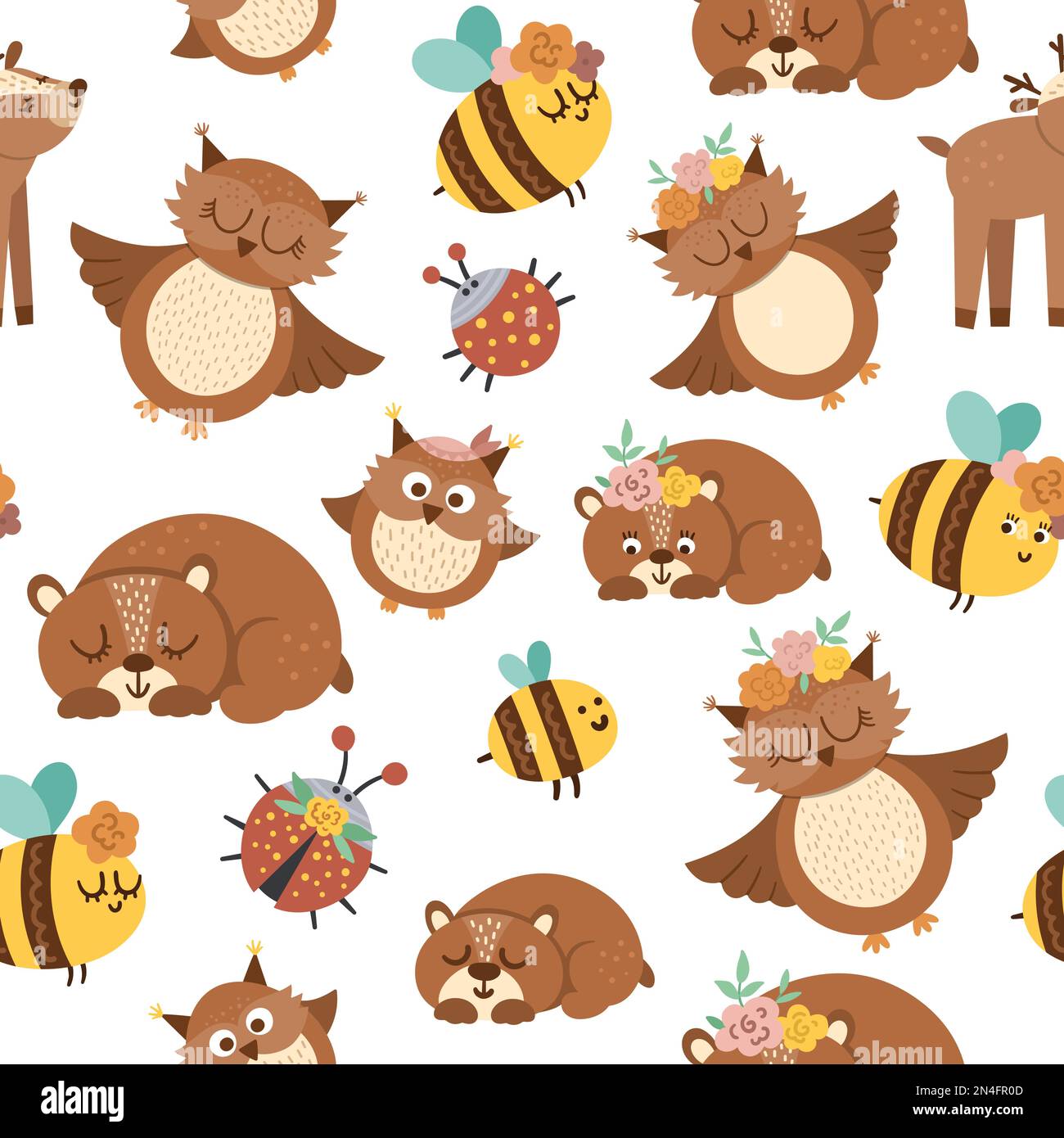 Vector seamless pattern with woodland animals, insects and bird. Boho ...