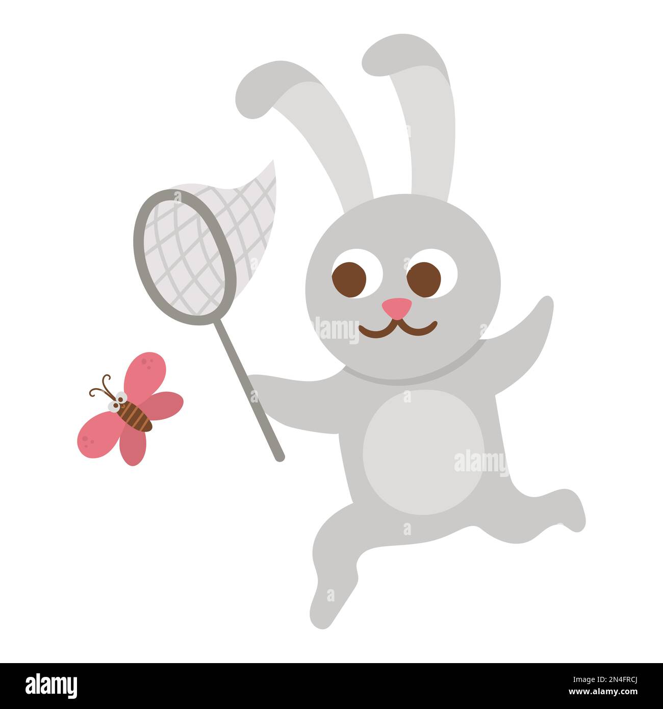 Vector hare catching a butterfly with a net. Funny woodland animal ...