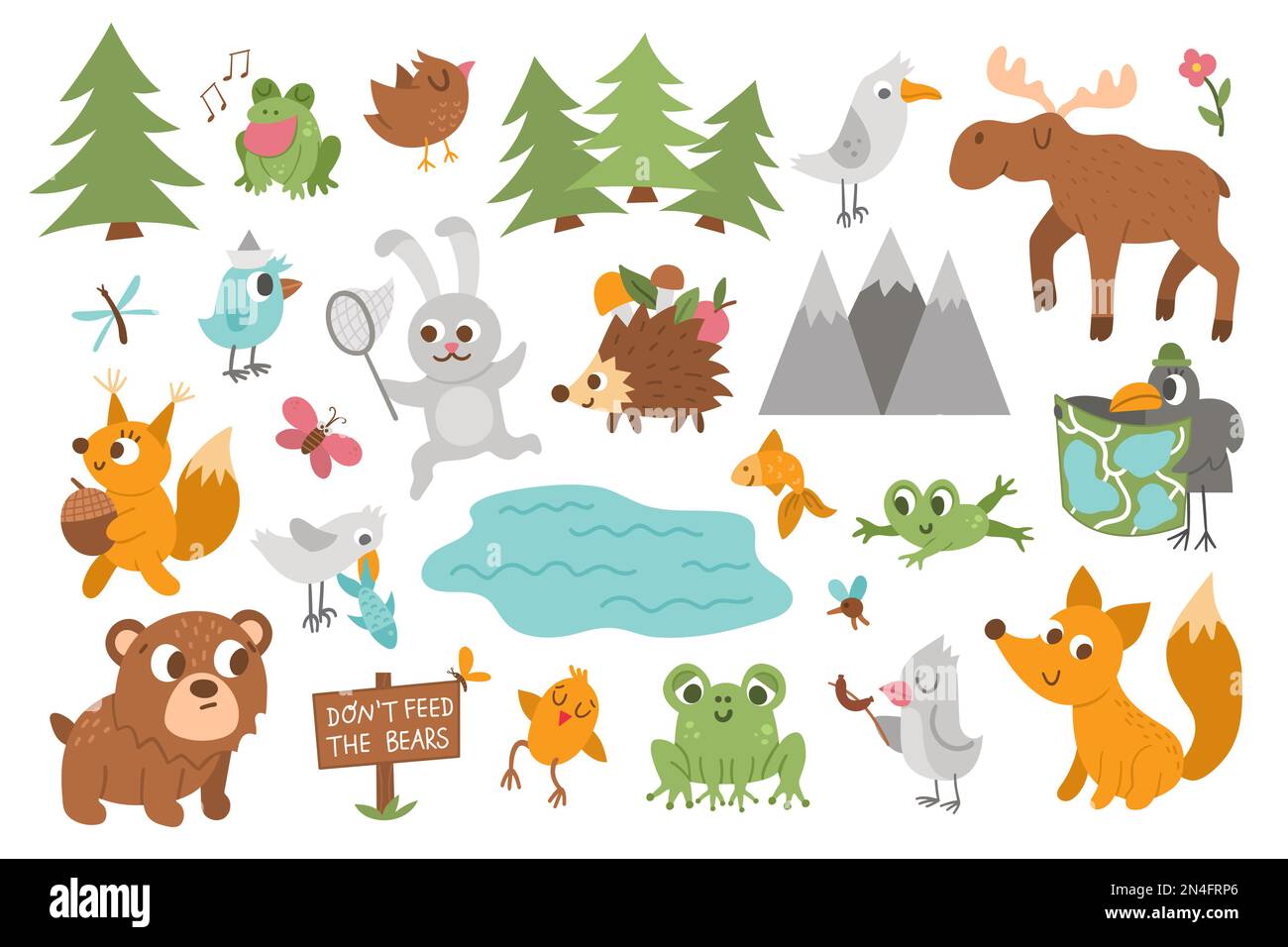 Vector forest animals, insects and birds set. Funny woodland campfire ...