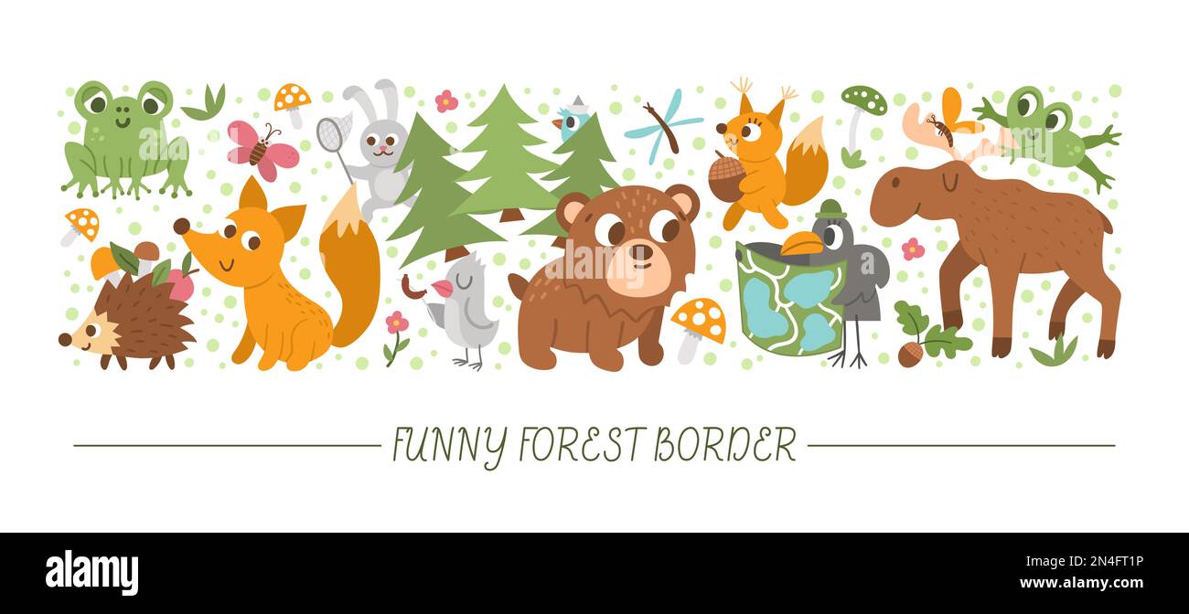 Vector horizontal set with cute comic forest animals and elements. Card ...